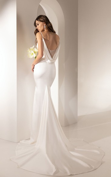 Simple Cowl Sheath Satin Wedding Dress with Draping and Bustle Style ...
