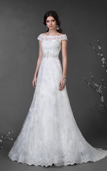 A Line Off-the-shoulder Short Sleeve Sweep Train Lace Wedding Dress ...