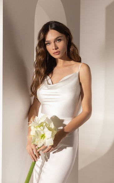 Simple Cowl Sheath Satin Wedding Dress with Draping and Bustle Style ...
